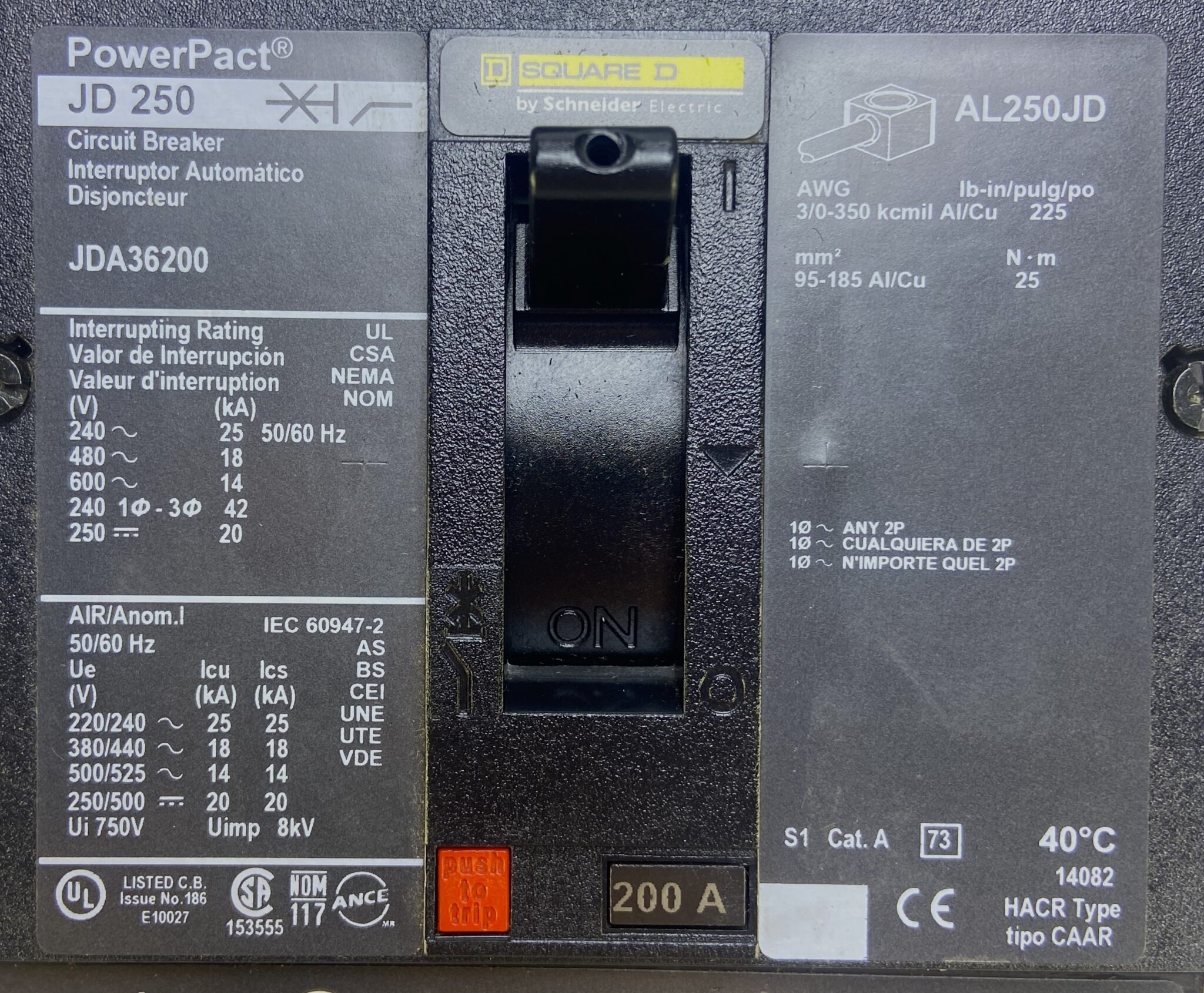 Square D JDA36200 3 Pole 200 Amp 600 Vac NIB Circuit Breaker