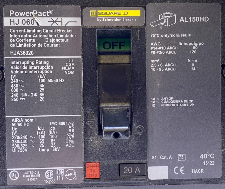 Square D HJA36020 3 Pole 20 Amp 600 Vac PowerPact Circuit Breaker