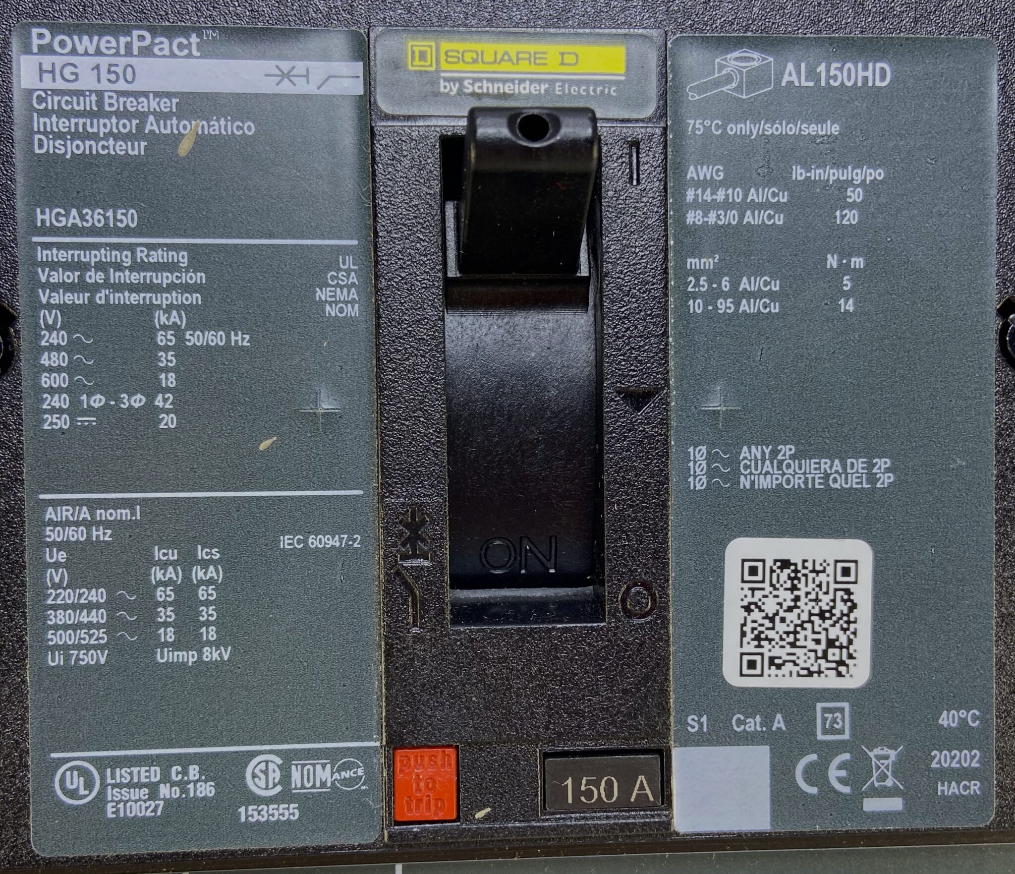 Square D HGA36150 3 Pole 150 Amp 600 Vac I-Line Circuit Breaker
