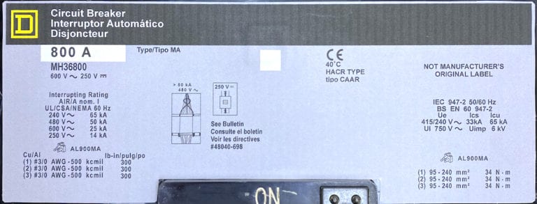 Square D MH36800 3 Pole 800 Amp 600 Vac I-Line Circuit Breaker