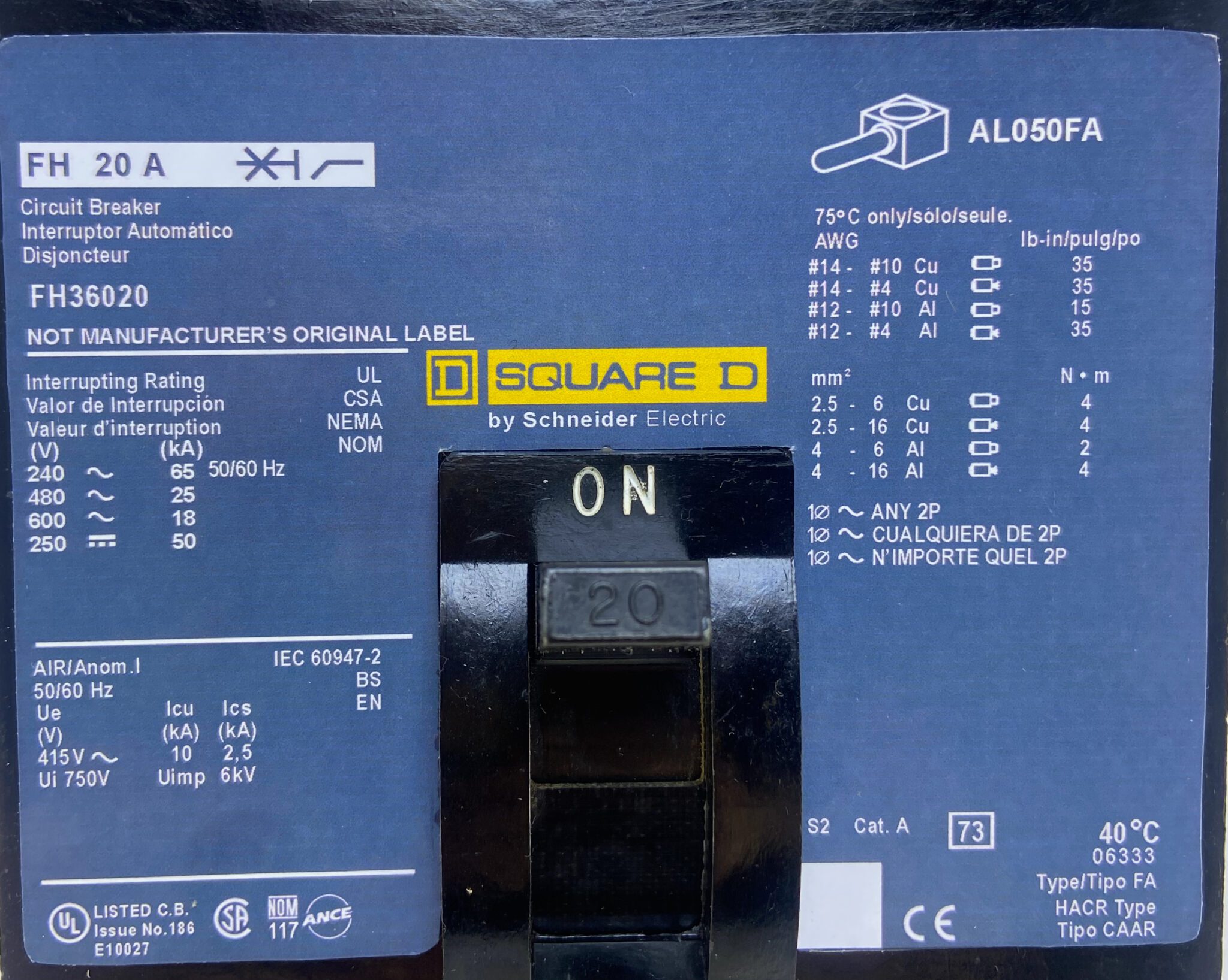 Square D FH36020 3 Pole 20 Amp 600 Vac I-Line Circuit Breaker