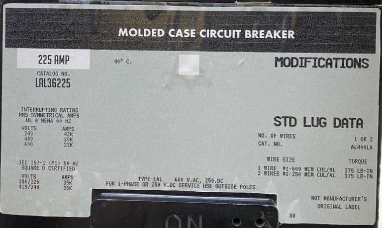 Square D LAL36225 3 Pole 225 Amp 600 Vac Circuit Breaker | Electrical ...