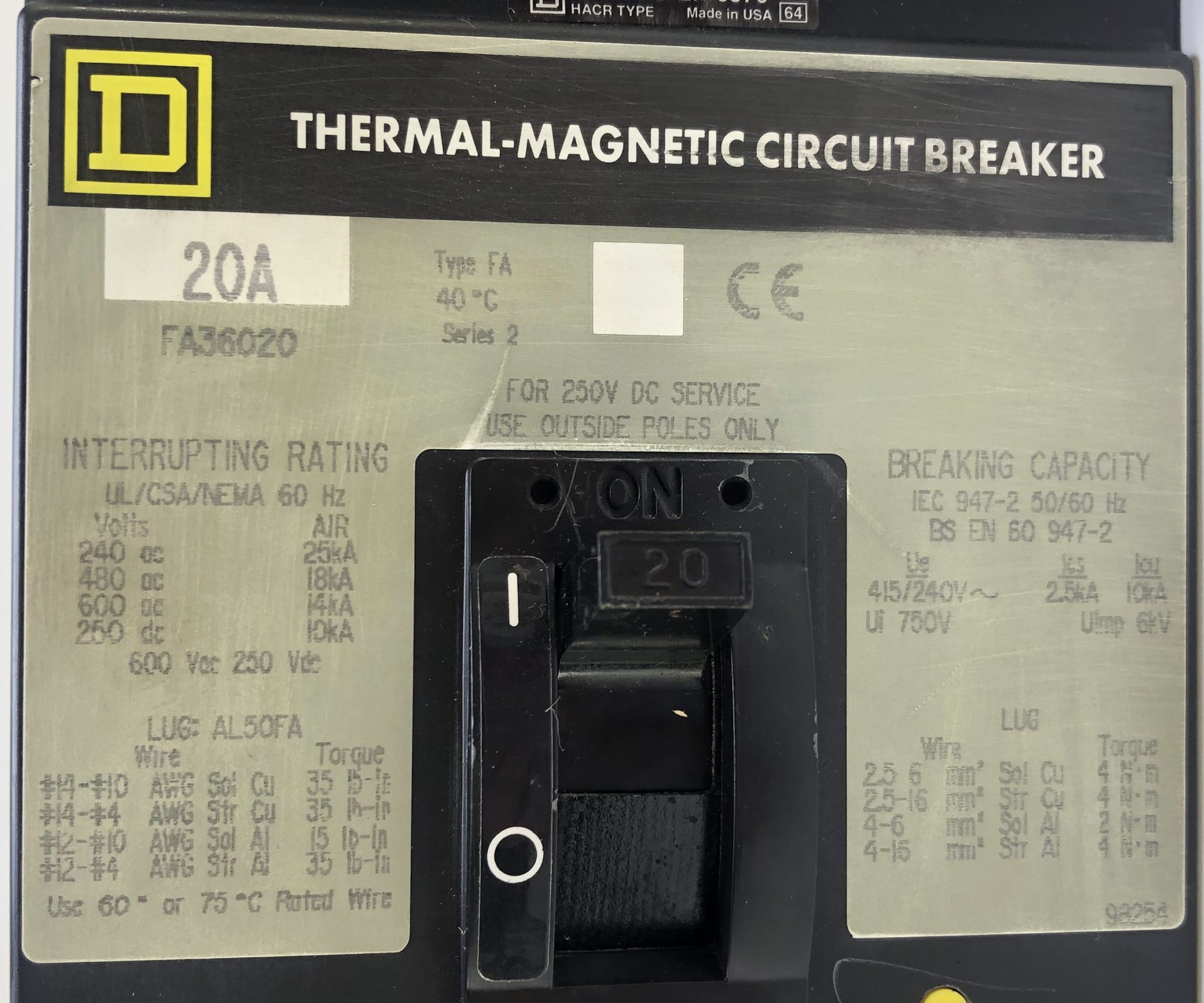 Square D FA36020 3 Pole 20 Amp 600 Vac I-Line Circuit Breaker