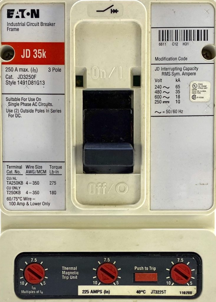 Eaton JD3250F 3 Pole 250 Amp 600 Vac Circuit Breaker w/225A Trip