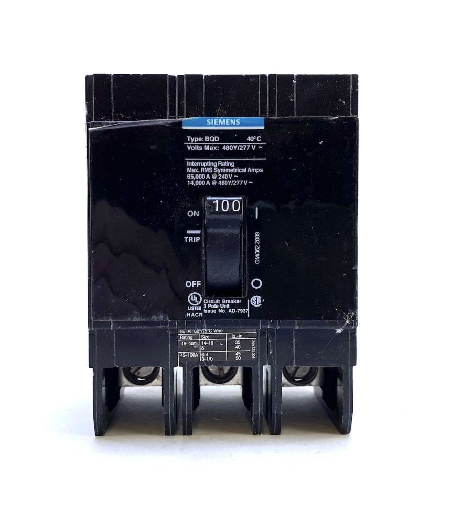 Siemens BQD3100 3 Pole 100 Amp 480Y/277 Vac Circuit Breaker