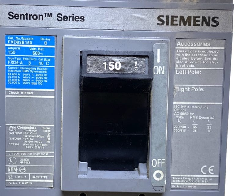 Siemens FXD63B150 3 Pole 150 Amp 600 Vac Breaker w/150 Amp Trip
