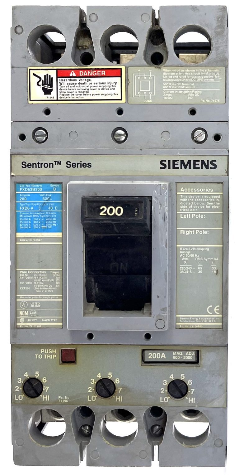 Siemens FXD63B200 3 Pole 200 Amp 600 Vac Breaker w/200 Amp Trip