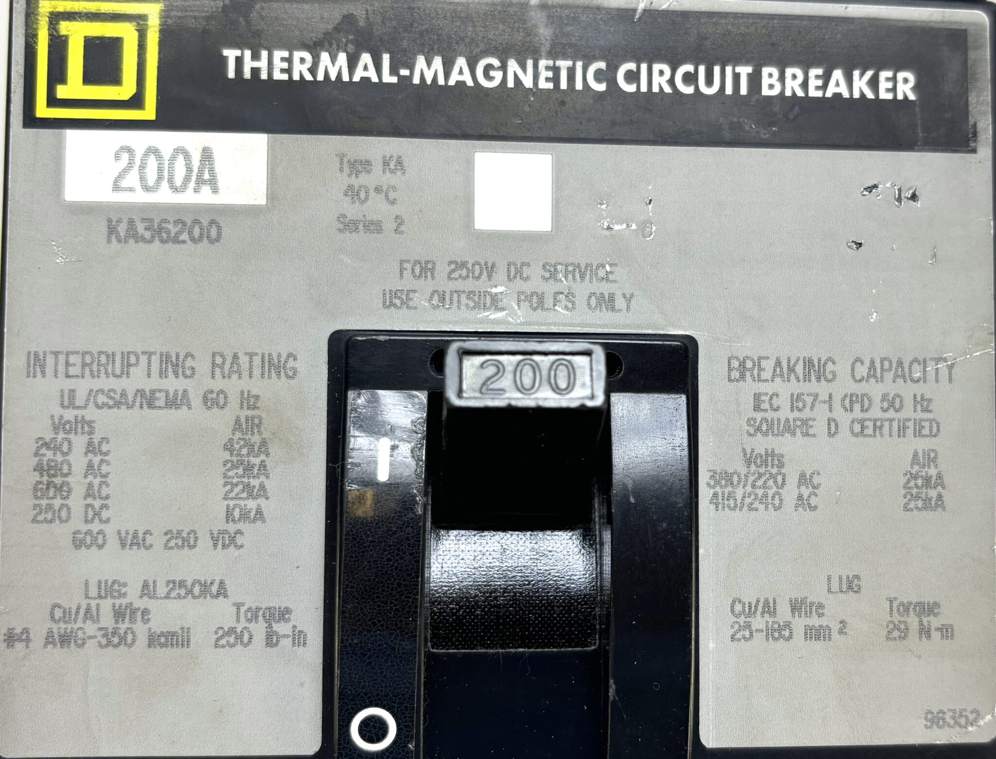 Square D KA36200 3 Pole 200 Amp 600 Vac I-Line Circuit Breaker