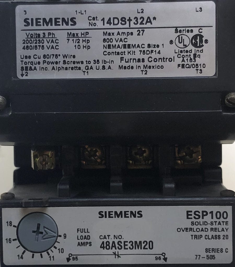 Siemens 14DS32A 120V Coil Size 1 Motor Starter w/48ASE3M20 Overload ...