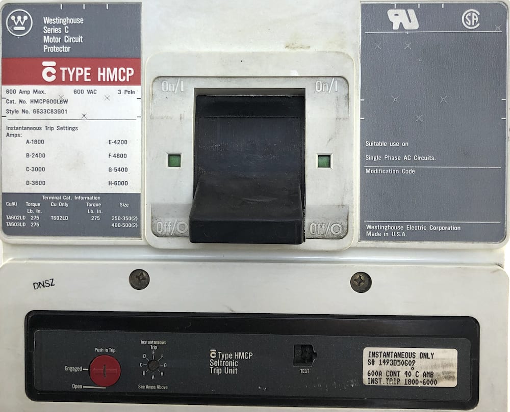Cutler Hammer HMCP600L6W 3 Pole 600A 600V Breaker w/Instantaneous Trip ...