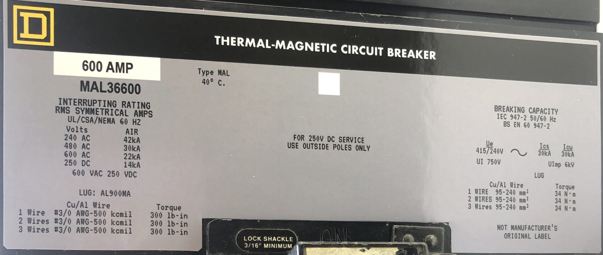 Square D MAL36600 3 Pole 600 Amp 600 Vac Circuit Breaker