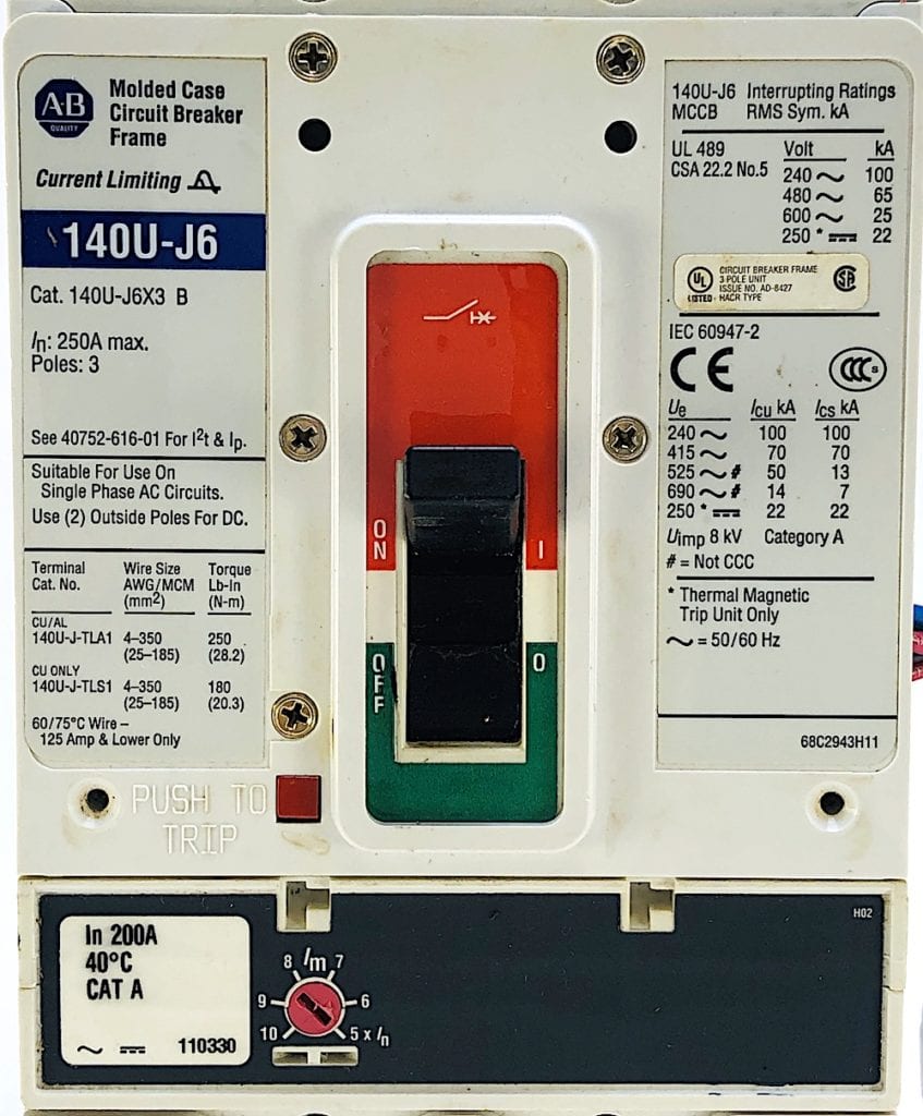 Allen Bradley 140U-J6X3 3P 250A 600V Breaker 200A Trip +2 Aux Switches ...