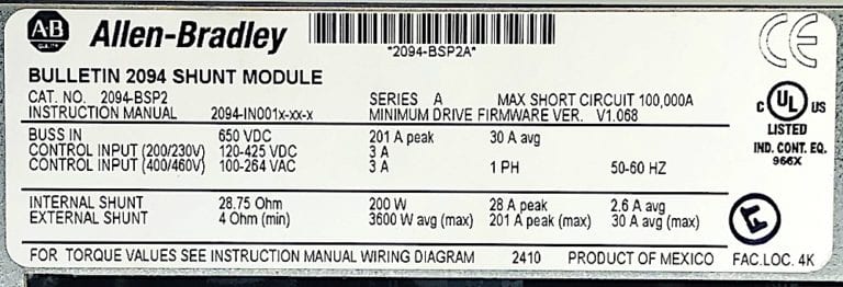 Allen Bradley 2094-BSP2 Ser A Kinetix 6000 Bulletin Shunt Module ...