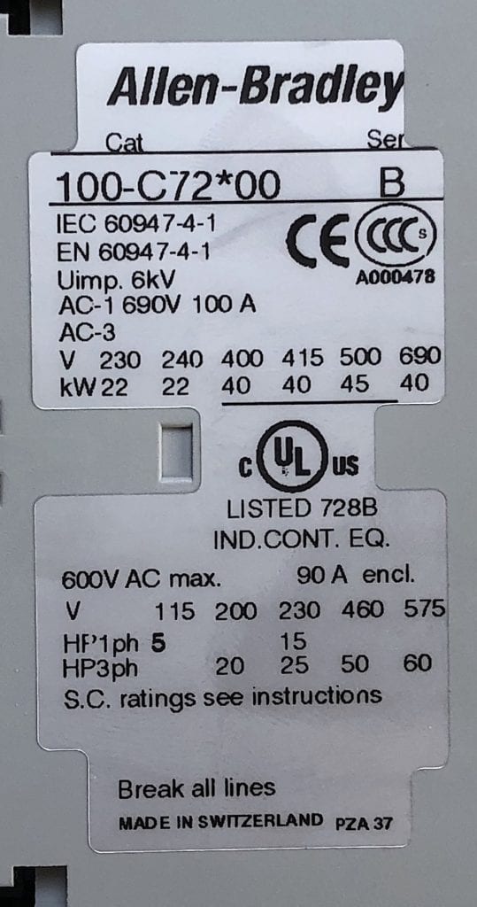 Allen Bradley 100-C72*00 Series B Contactor w/120 Vac Coil | Electrical ...