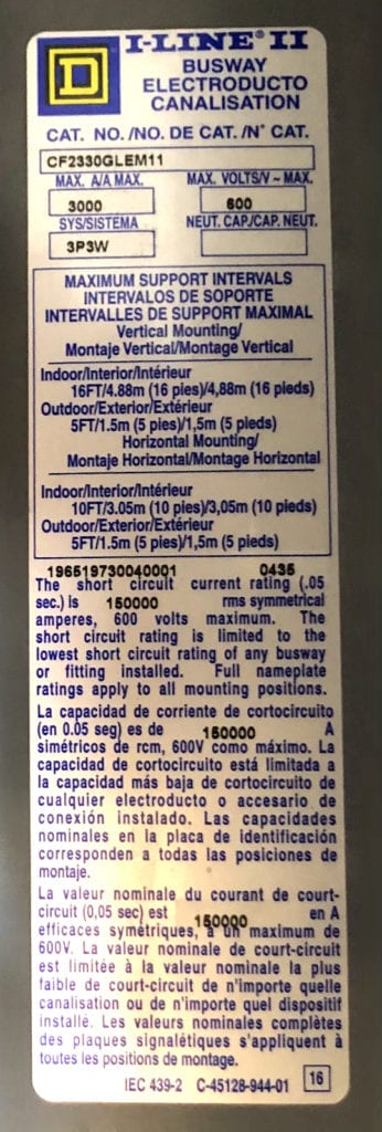 Square D CF2330GLEM11 3000 Amp 600V 3P3W I-Line II Elbow Busway