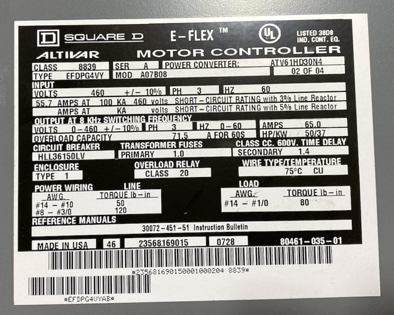 Square D 8839-EFDPG4VY 3Ph 460Vac E-Flex Altivar Motor Controller ...