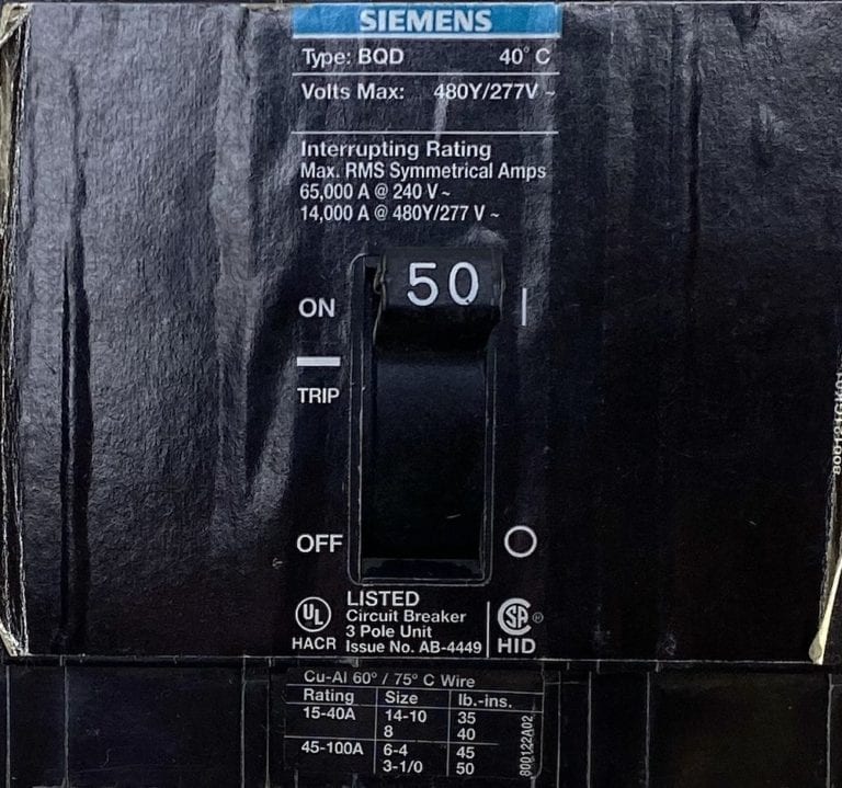 Siemens BQD350 3 Pole 50 Amp 480Y/277 Vac Circuit Breaker | Electrical ...
