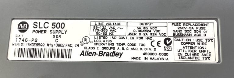 Allen Bradley 1746-P2 SLC 500 Power Supply w/7S Rack +6 IN +1 OUT ...