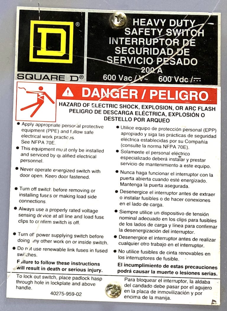 Square D H364N Type 1 200 Amp 600 Vac Heavy Duty Safety Switch w/Fuses ...