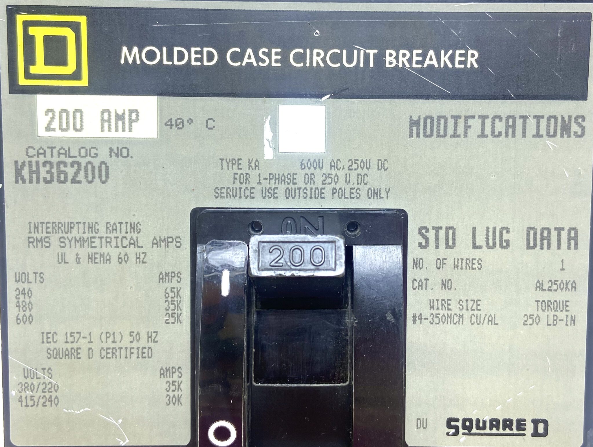 Square D KH36200 3Pole 200A 600Vac I-Line Circuit Breaker (CHIP)