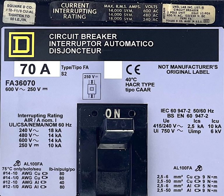 Square D FA36070 3 Pole 70 Amp 600Vac I-Line Breaker (Minor Chip)