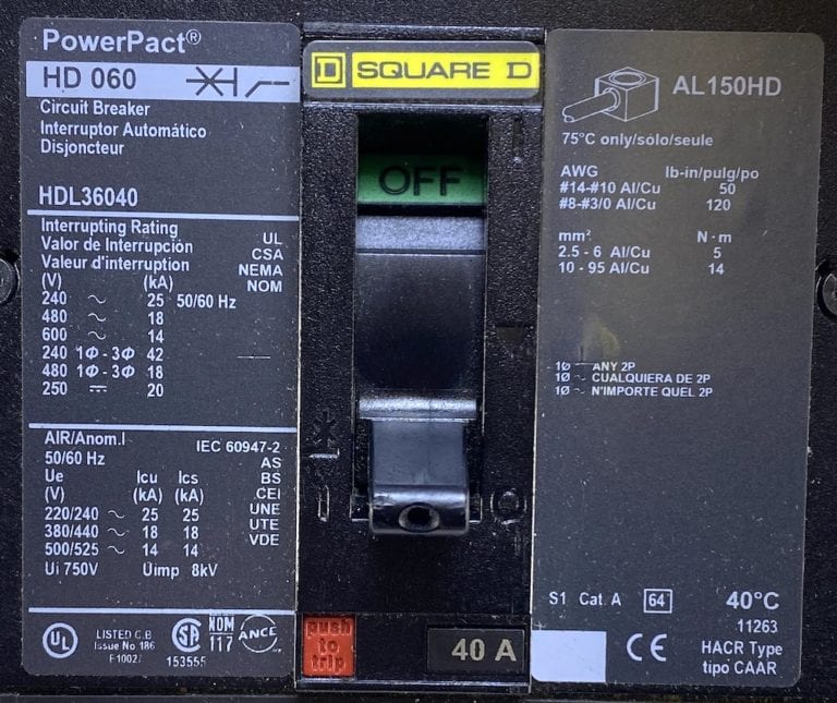 Square D HDL36040 3 Pole 40 Amp 600 Vac PowerPact Circuit Breaker ...