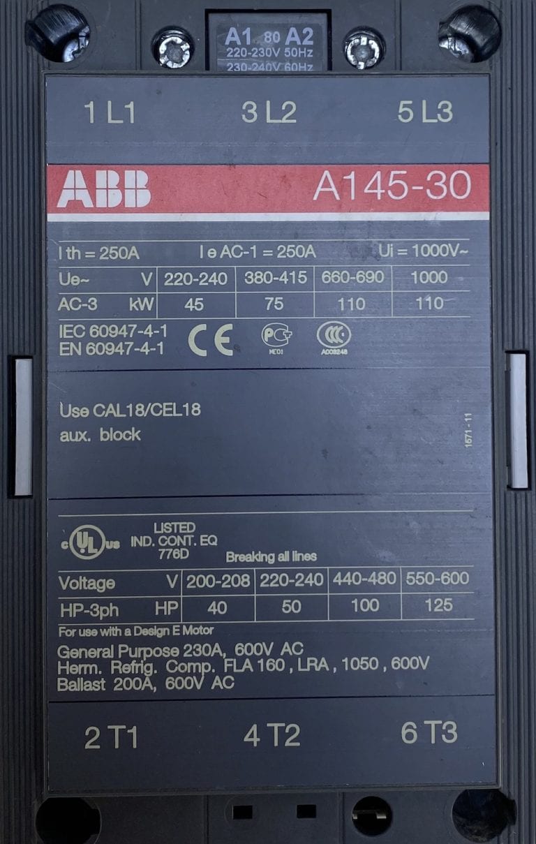 ABB A145-30 3 Pole 600 Vac Contactor w/240 Vac Coil | Electrical Power ...