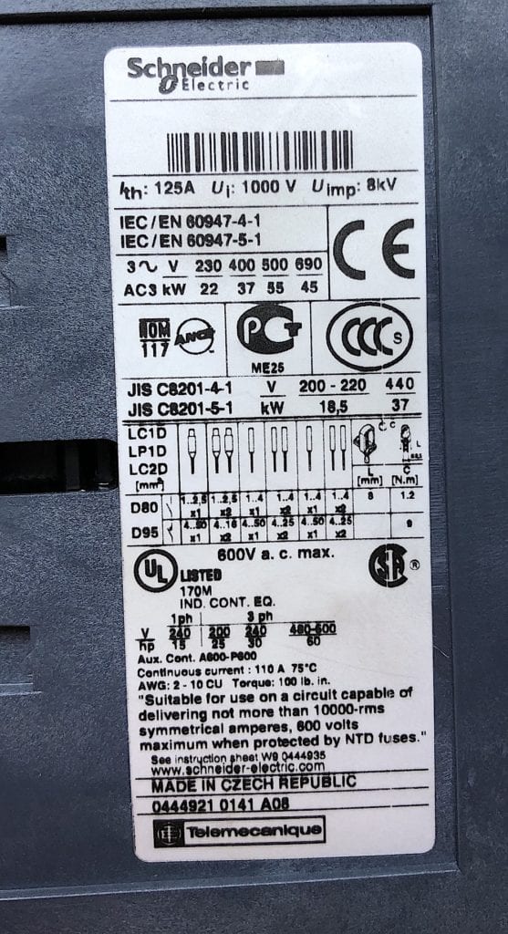 Schneider Electric LC1D80 3 Pole 125 Amp Contactor w/240V Coil ...