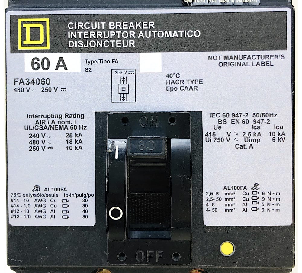 Square D FA34060 3 Pole 480 Vac 60 Amp I-Line Circuit Breaker ...