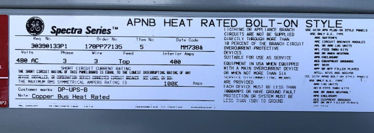 General Electric 3 Pole 400 Amp 480 Vac APNB Heat Rated Panel ...