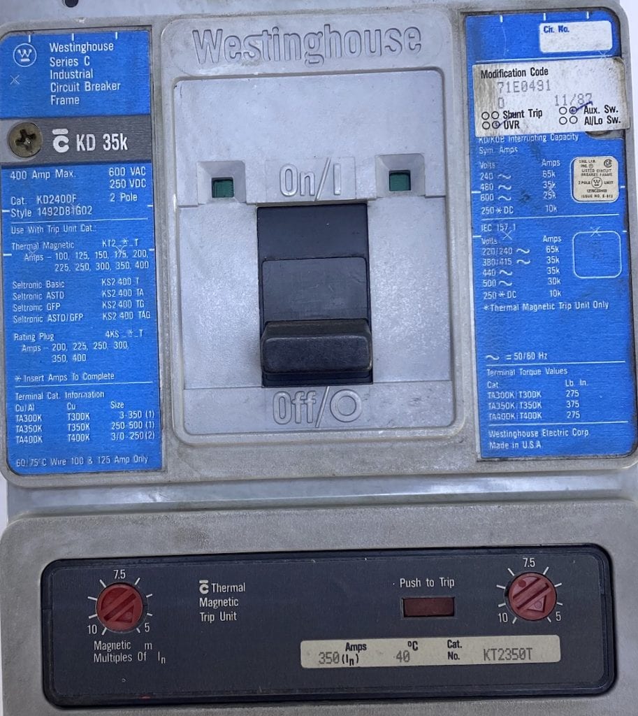 Eaton KD2400F 2 Pole 400 Amp 600V Breaker w/350A Trip + Aux + UV ...