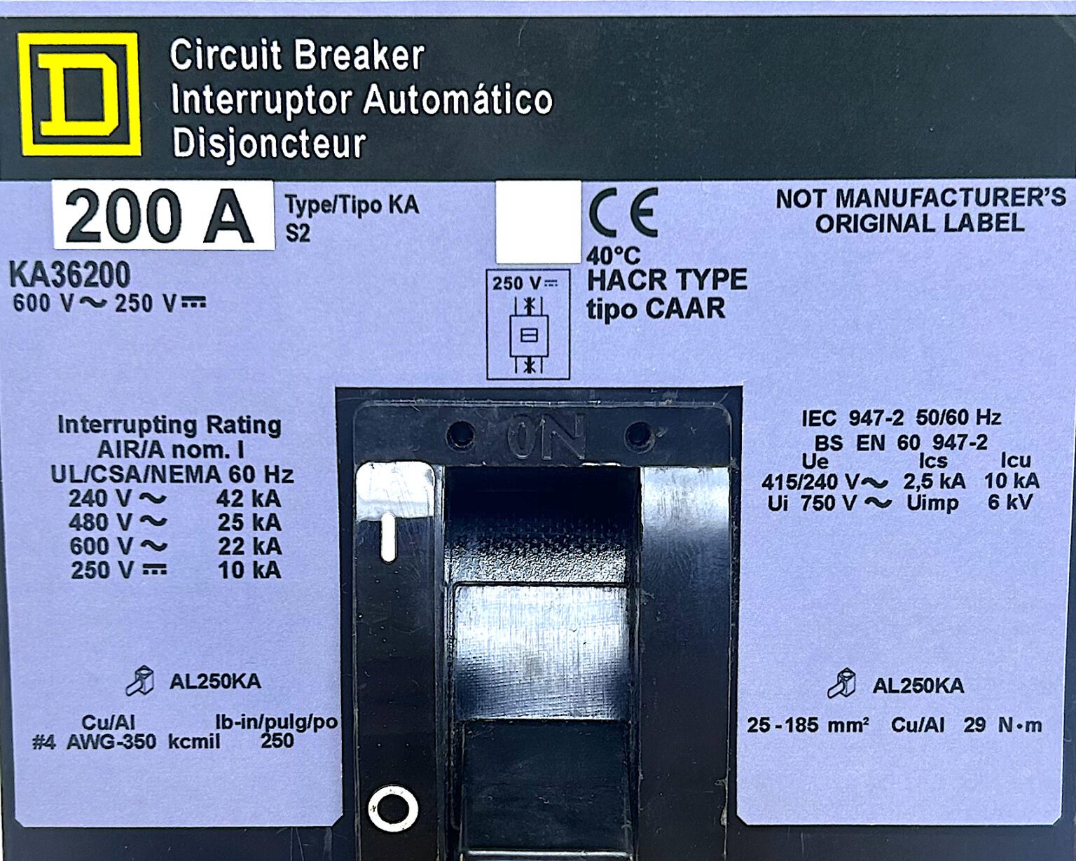 Square D KA36200 3 Pole 200 Amp 600 Vac I-Line Circuit Breaker