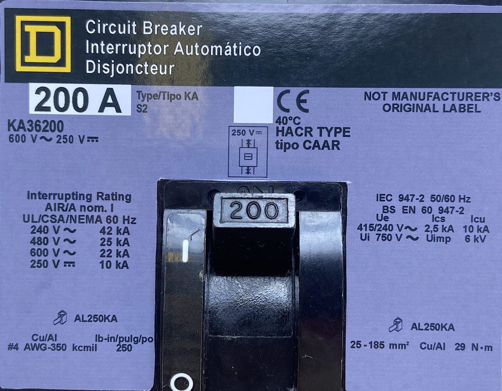Square D KA36200 3 Pole 200 Amp 600 Vac I-Line Circuit Breaker