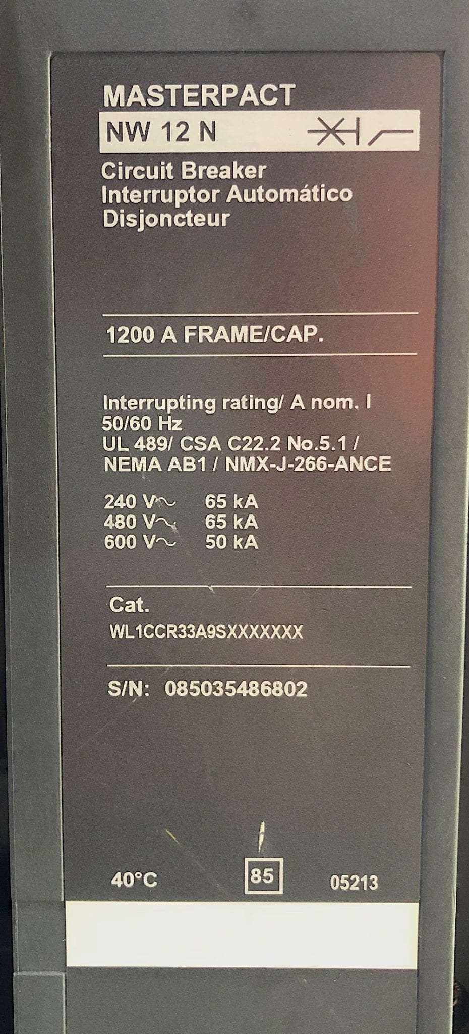 Square D NW 12 N 3 Pole 1200 Amp 600V MasterPact Breaker w/Cradle
