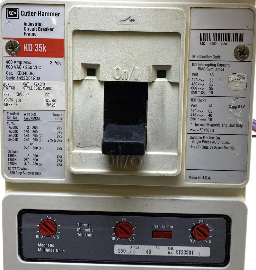 Cutler Hammer KD3400F 3 Pole 400Amp 600V Circuit Breaker w/2 Auxs ...