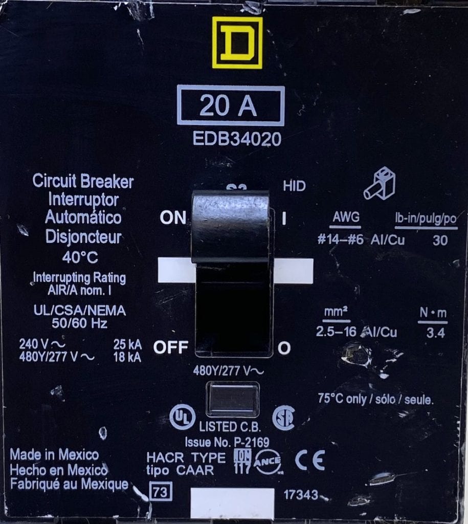 Square D EDB34020 3 Pole 20 Amp 480Y/277 Vac Circuit Breaker