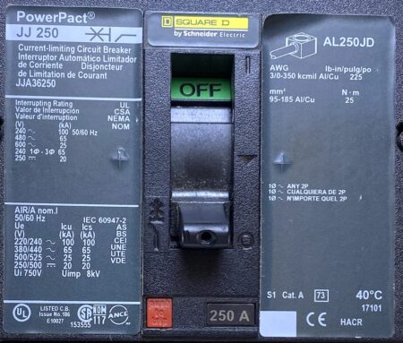 Square D JJA36250 3 Pole 250 Amp 600 Vac PowerPact I-Line Breaker