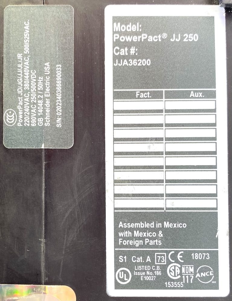 Square D JJA36200 3 Pole 200 Amp 600 Vac PowerPact I-Line Breaker