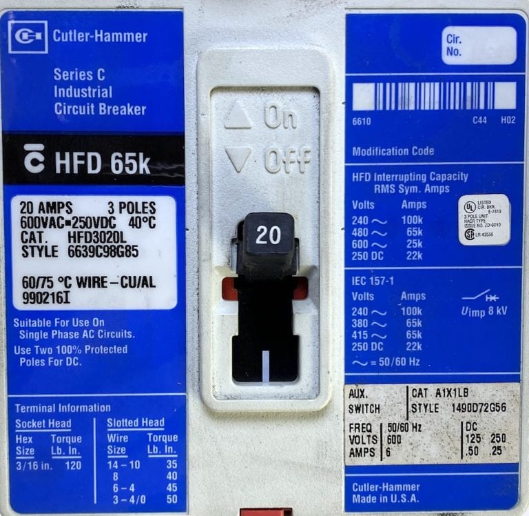Cutler Hammer HFD3020L 3 Pole 20 Amp 600Vac Circuit Breaker w/Aux ...