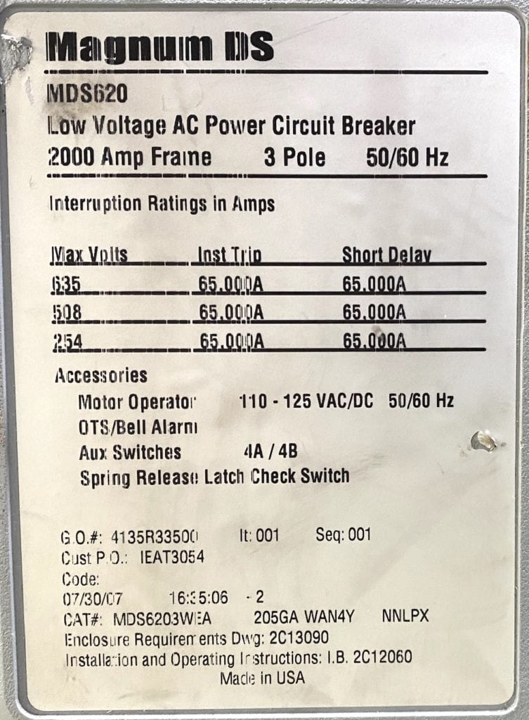 Eaton MDS620 3 Pole 2000A 600V Magnum DS Draw-Out Circuit Breaker