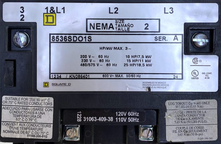 Square D 8536SDO1S Size 2 Motor Starter w/120 Vac Coil