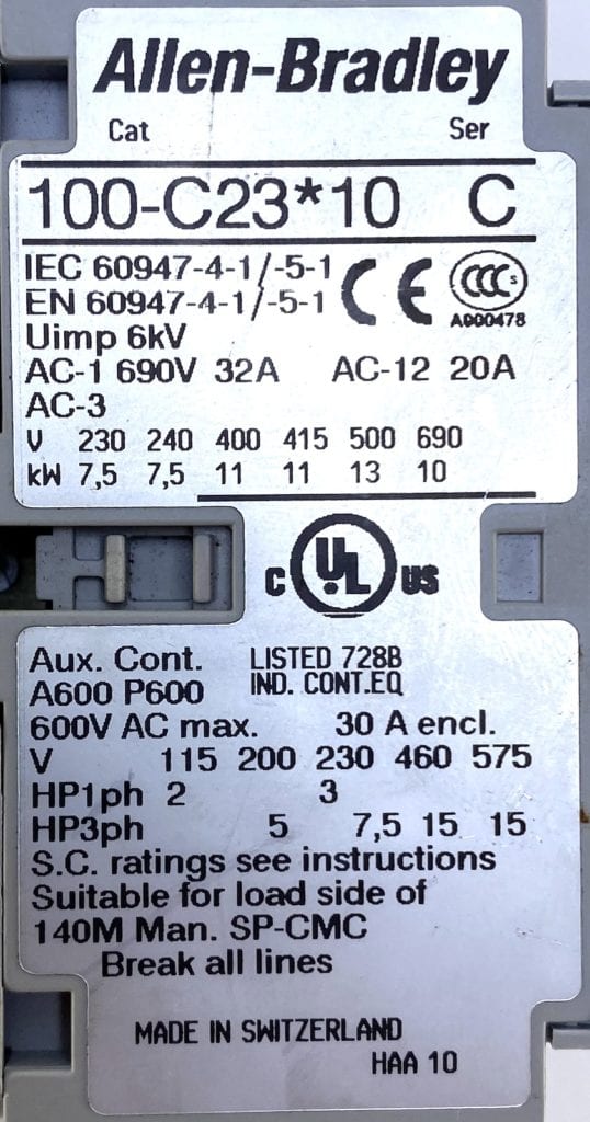 Allen Bradley 100-C23*10 Series C Contactor w/120 Vac Coil