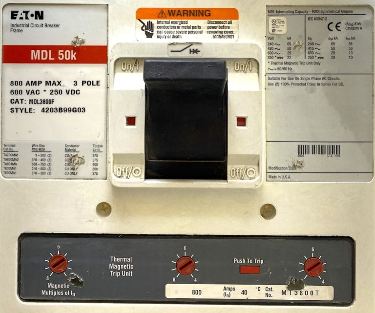 Eaton MDL3800F 3 Pole 800 Amp 600 Vac Breaker w/800 Amp Trip Unit