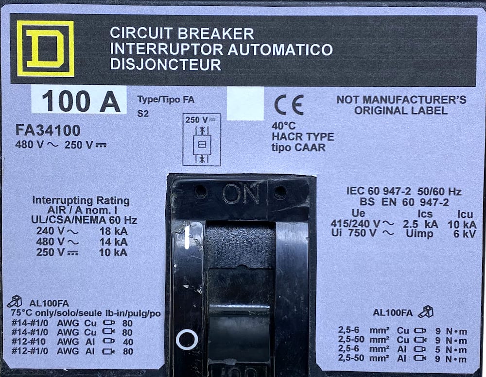 Square D FA34100 3 Pole 100 Amp 480V I-Line Breaker (Slight Chip)