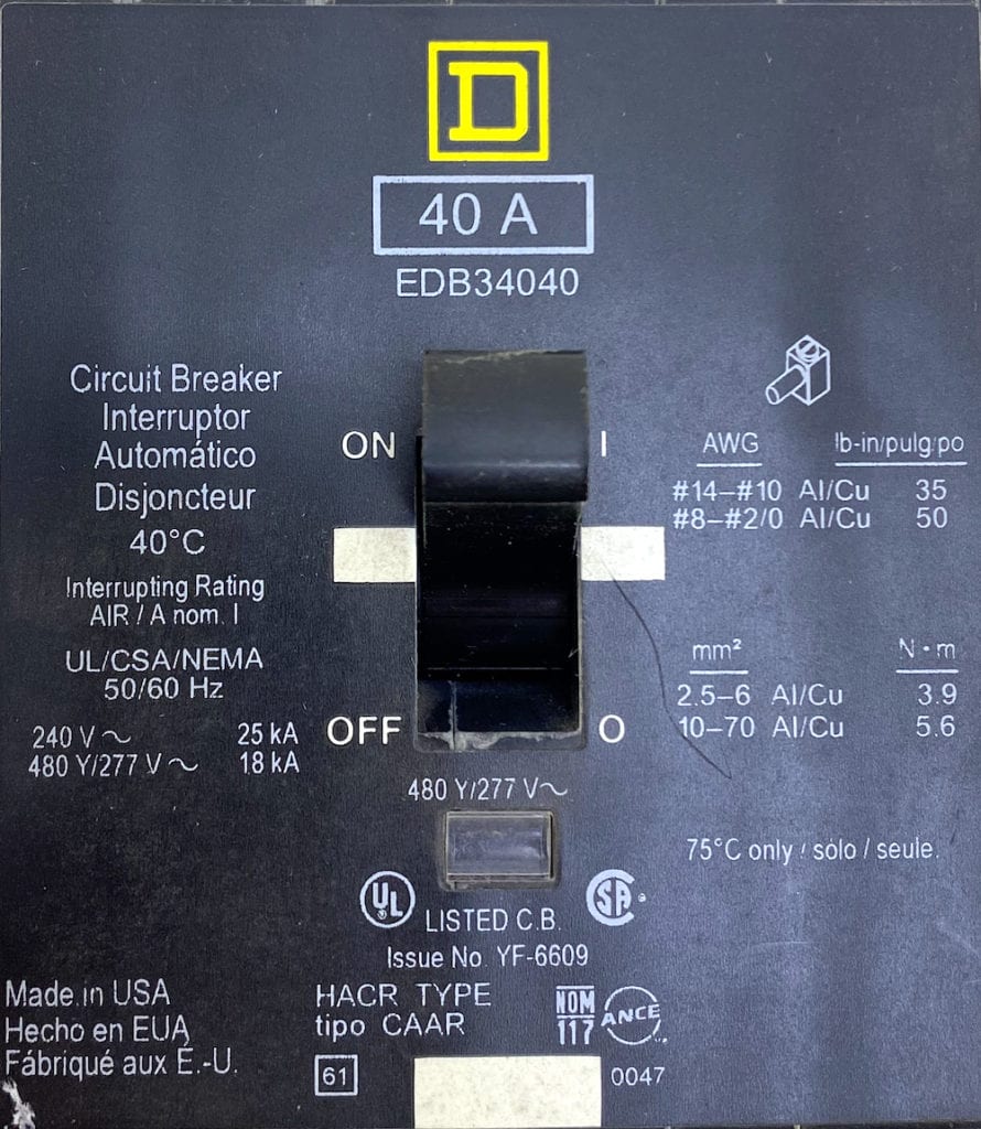 Square D EDB34040 3 Pole 40 Amp 480Y/277V Breaker (CHIP/CRACK)