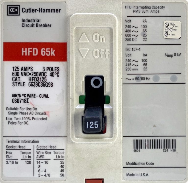 Eaton Cutler Hammer HFD3125 3 Pole 125 Amp 600Vac Circuit Breaker