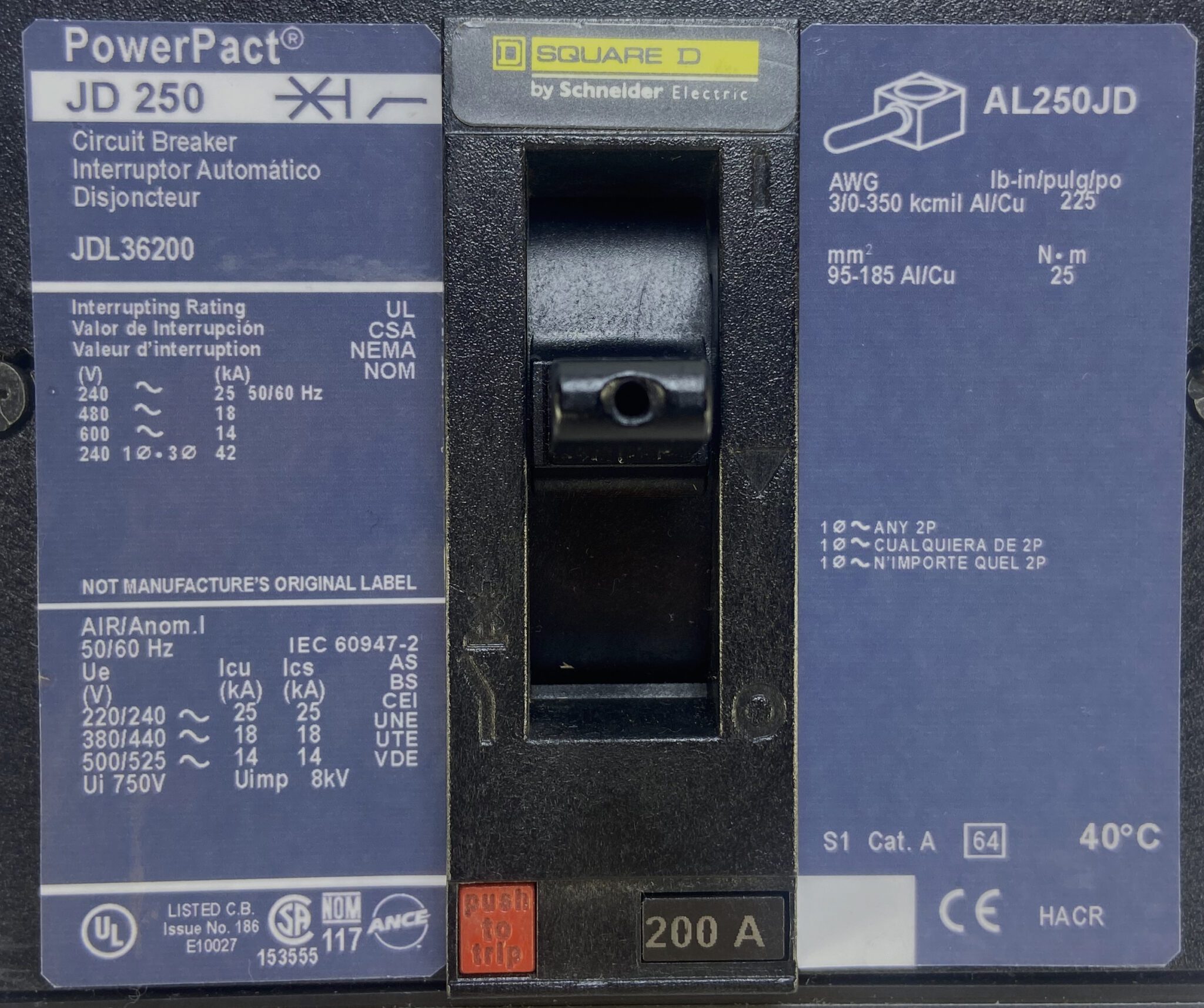Square D JDL36200 3 Pole 200 Amp 600Vac PowerPact Circuit Breaker