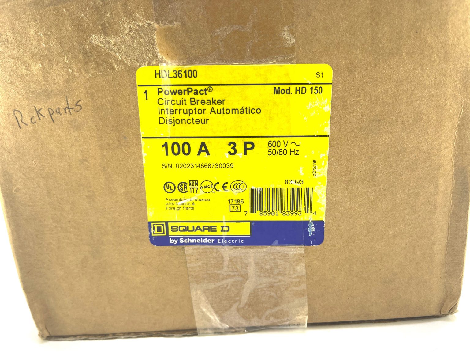 Square D HDL36100 3 Pole 100 Amp 600 Vac PowerPact Breaker (NIB)