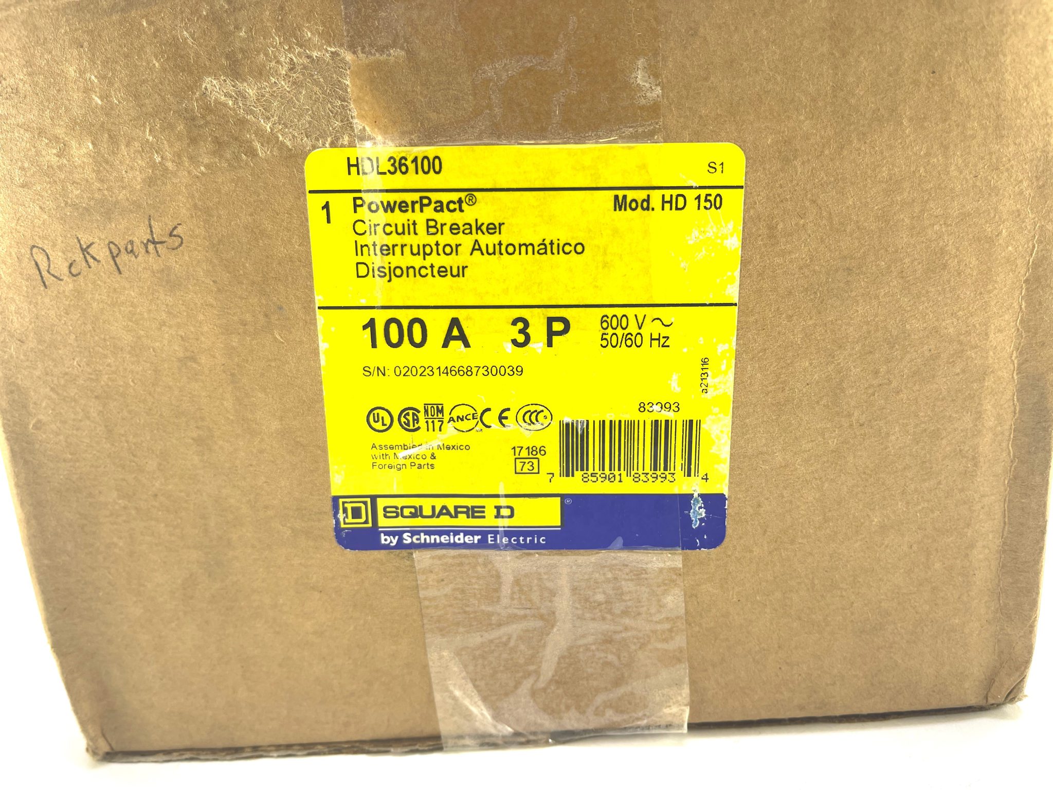 Square D HDL36100 3 Pole 100 Amp 600 Vac PowerPact Breaker (NIB)