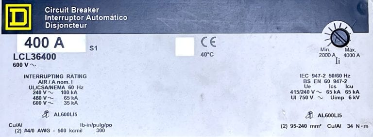 Square D LCL36400 3 Pole 400 Amp 600 Vac Circuit Breaker